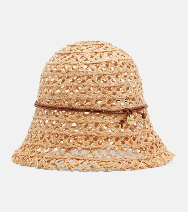 Ruslan Baginskiy Leather-trimmed Straw Cloche Hat - Beige