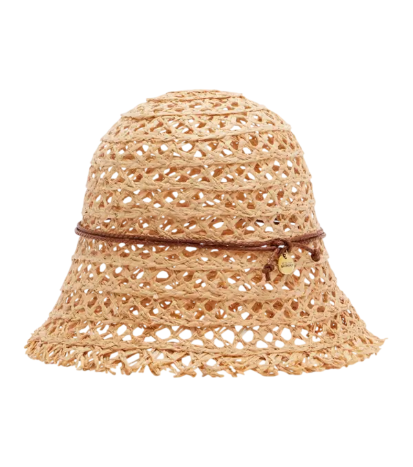 Ruslan Baginskiy Leather-trimmed Straw Bucket Hat - Beige