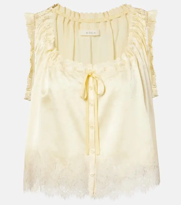 DÔEN Toulouse Lace-trimmed Embroidered Silk Top - Yellow