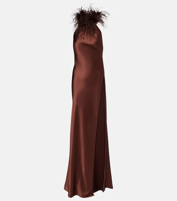 THE NEW ARRIVALS ILKYAZ OZEL Jazzy Embellished Feather-trimmed Gown - Brown