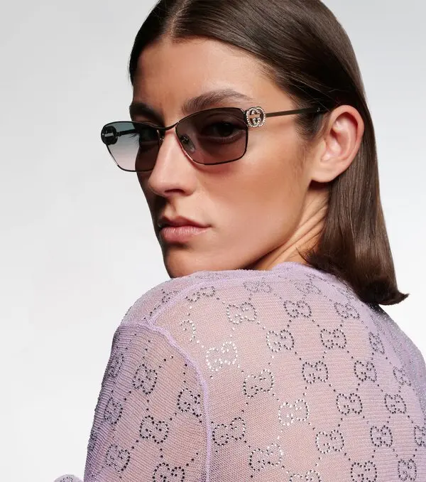 Gucci Interlocking G Crystal-embellished Rectangle Sunglasses