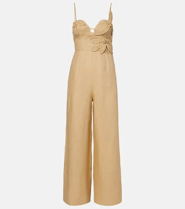 Farm Rio Floral-appliqué Linen Jumpsuit - Beige