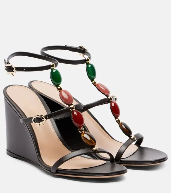 GIANVITO ROSSI Embellished Leather Wedge Sandals - Brown