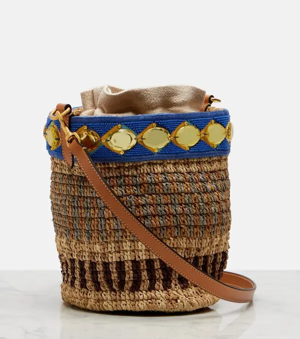 Valentino Garavani Vlogo Small Embellished Raffia-effect Bucket Bag