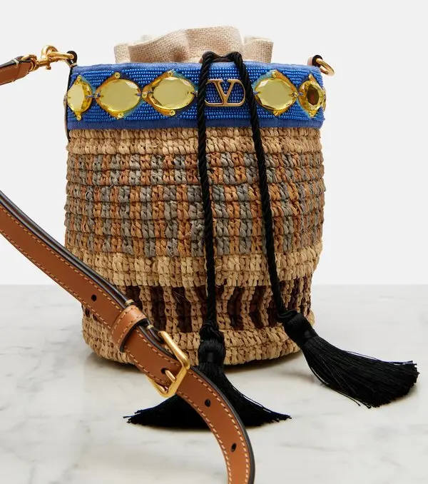 Valentino Garavani Vlogo Small Embellished Raffia-effect Bucket Bag