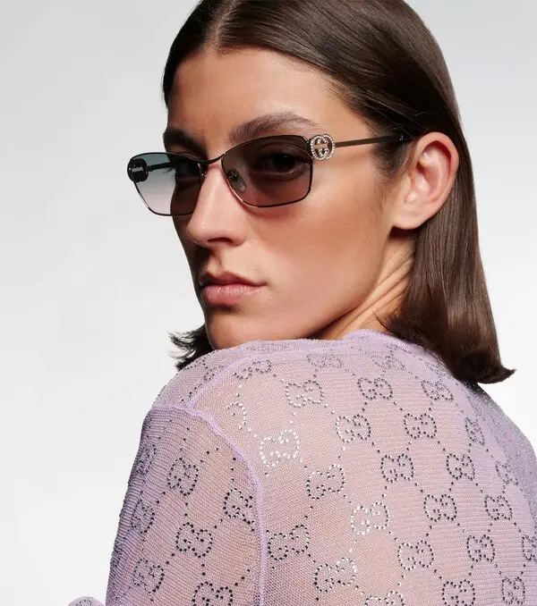 Gucci Interlocking G Crystal-embellished Rectangular Sunglasses