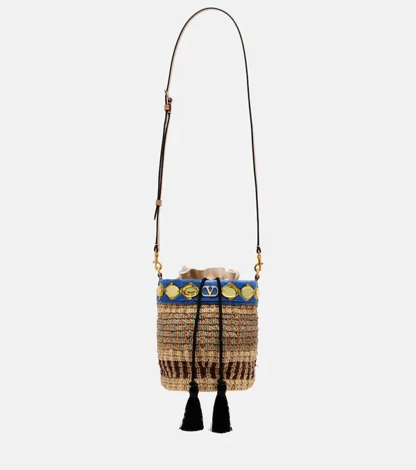 Valentino Garavani Vlogo Small Embellished Raffia-effect Bucket Bag