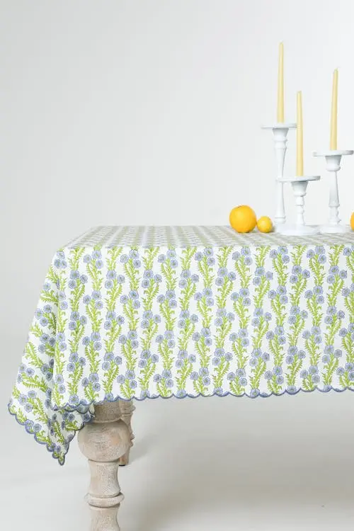 INNER CHILD Forget-me-not Scallop Embroidered Blockprint Tablecloth - 60x90