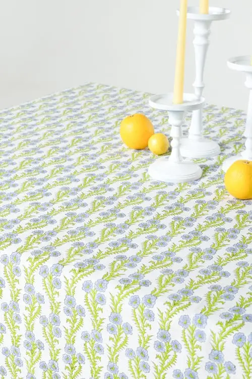 INNER CHILD Forget-me-not Scallop Embroidered Blockprint Tablecloth - 60x90