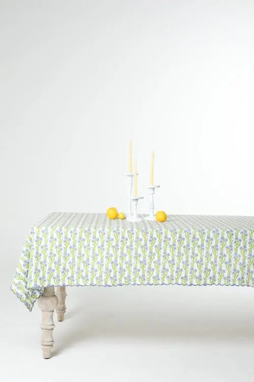 INNER CHILD Forget-me-not Scallop Embroidered Blockprint Tablecloth - 60x90