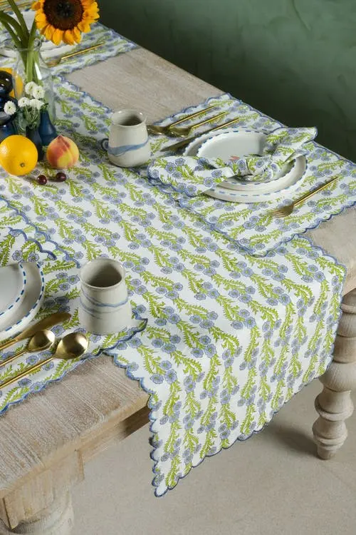 INNER CHILD Forget-me-not Scallop Embroide Blockprint Tablerunner