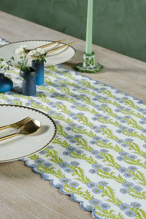 INNER CHILD Forget-me-not Scallop Embroide Blockprint Tablerunner