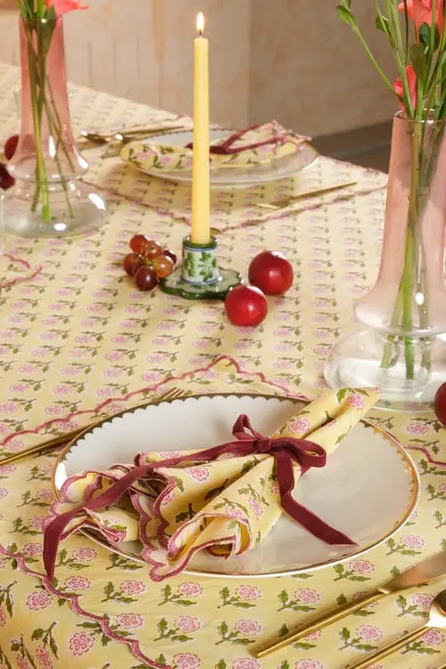 INNER CHILD Mona Scallop Embroidered Blockprint Tablecloth