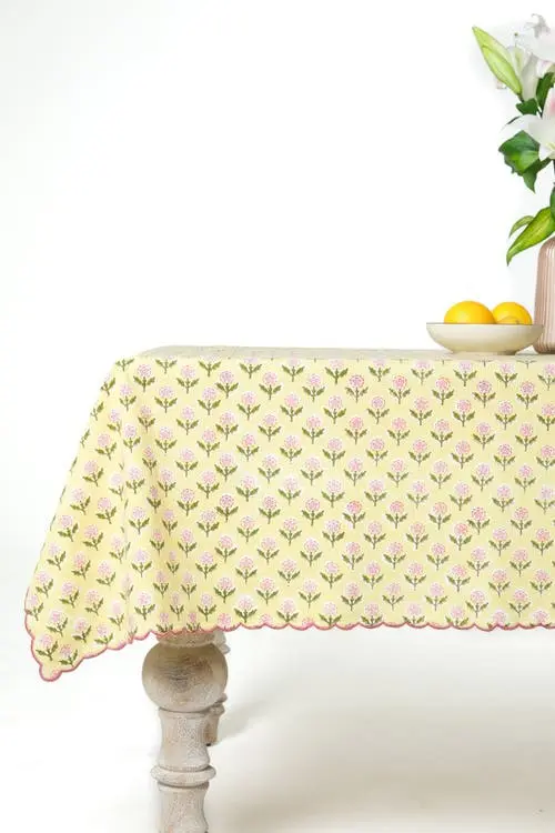 INNER CHILD Mona Scallop Embroidered Blockprint Tablecloth