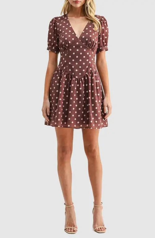 ALL IN FAVOR Polka Dot Puff Sleeve A-line Minidress - Brown Cream