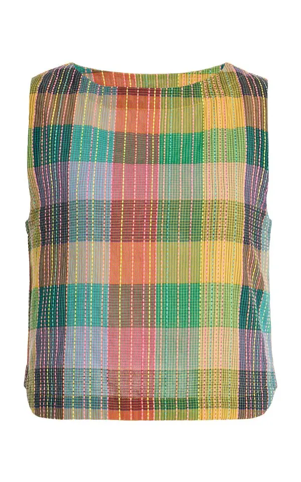BOTEH Echo Cotton Plaid Top With Kantha Stitch - Multi
