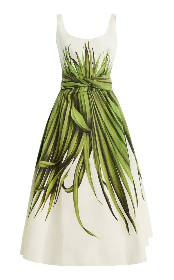 Oscar De La Renta Palm Leaves Cotton-poplin Midi Dress - White