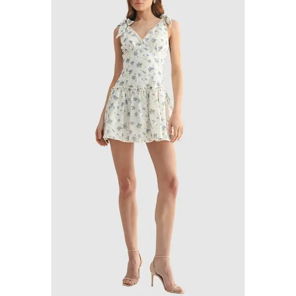 ALL IN FAVOR Floral Embroidered Eyelet Tie Strap Minidress - Cream/blue