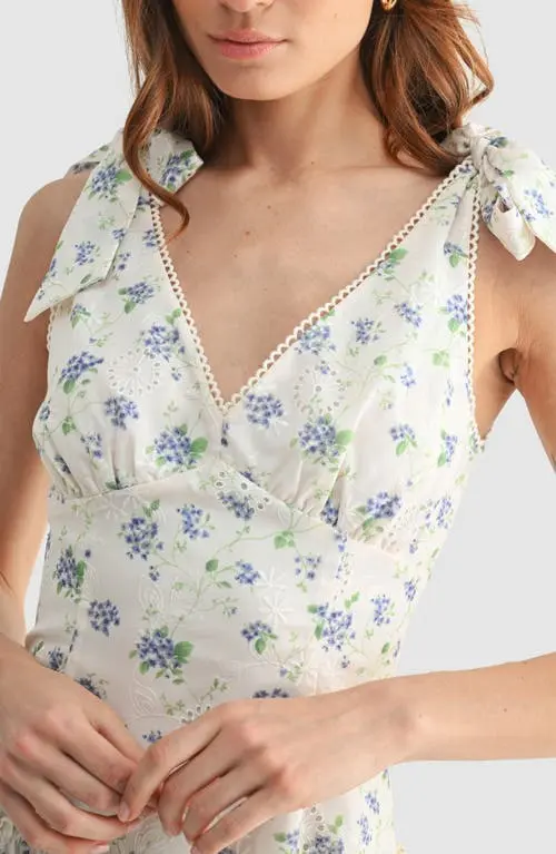 ALL IN FAVOR Floral Embroidered Eyelet Tie Strap Minidress