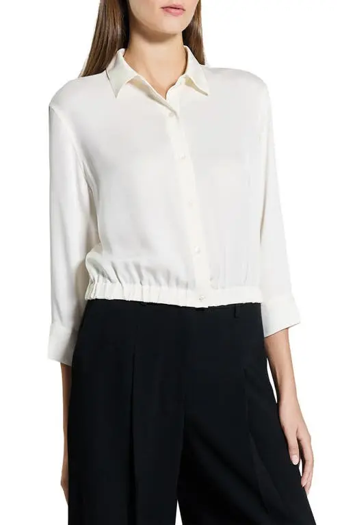 Theory Elastic Hem Silk Button-up Shirt - Ivory