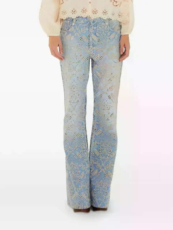 Farm Rio Floral-embroidered Flare Jeans - Blue