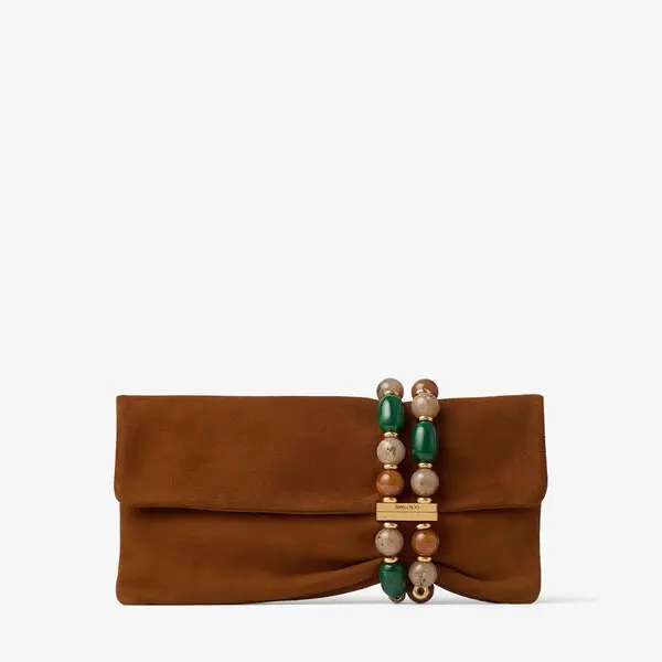 JIMMY CHOO Zandra Suede Clutch With Beaded Bracelet - Tan/gold
