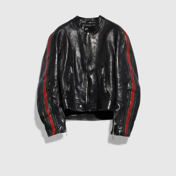 Gucci Buffalo Leather Biker Jacket With Web Detail