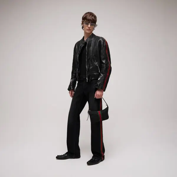 Gucci Buffalo Leather Biker Jacket With Web Detail