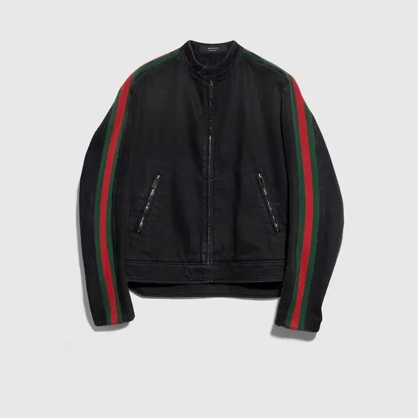 Gucci Cotton Denim Biker Jacket With Web - Black