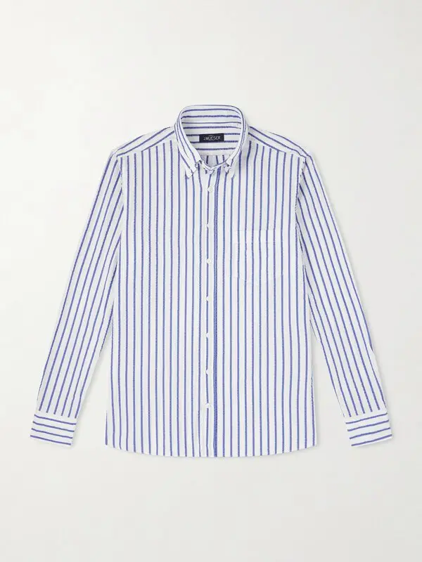 J. MUESER Button-down Collar Striped Cotton-seersucker Shirt - Blue