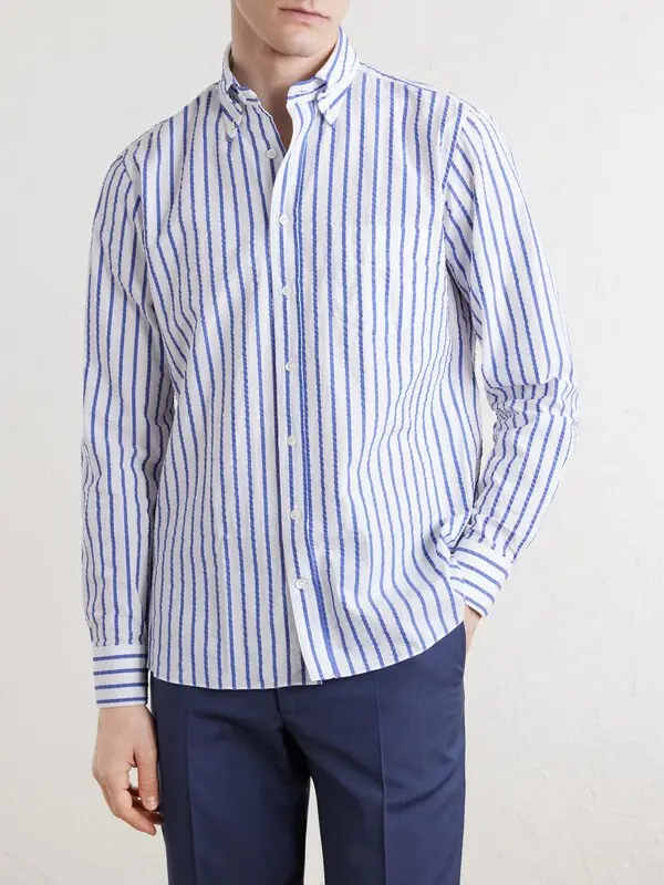 J. MUESER Button-down Collar Striped Cotton-seersucker Shirt - Blue