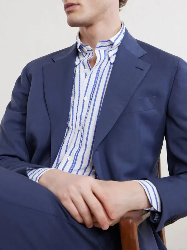 J. MUESER Button-down Collar Striped Cotton-seersucker Shirt - Blue