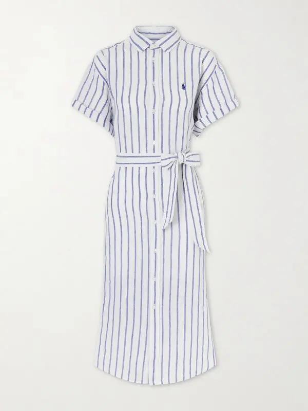Polo Ralph Lauren Belted Striped Linen Midi Shirt Dress - Blue