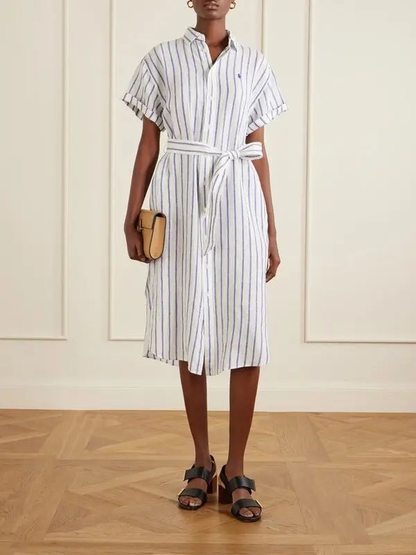 Polo Ralph Lauren Belted Striped Linen Midi Shirt Dress - Blue