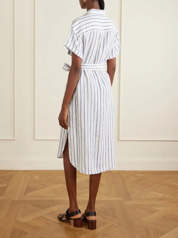 Polo Ralph Lauren Belted Striped Linen Midi Shirt Dress - Blue
