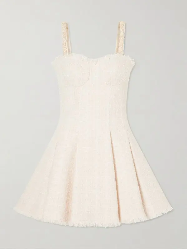 Balmain Embellished Pleated Tweed Mini Dress - Neutrals