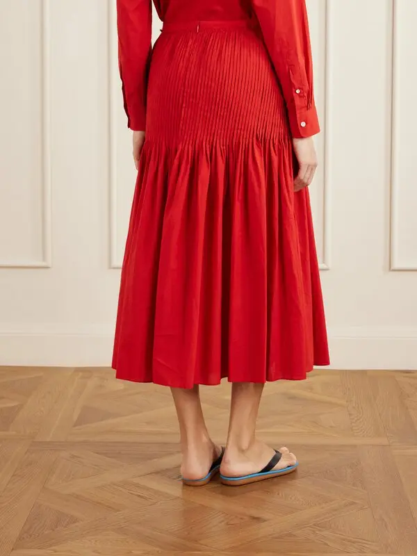 Auralee Pleated Cotton-poplin Midi Skirt - Red