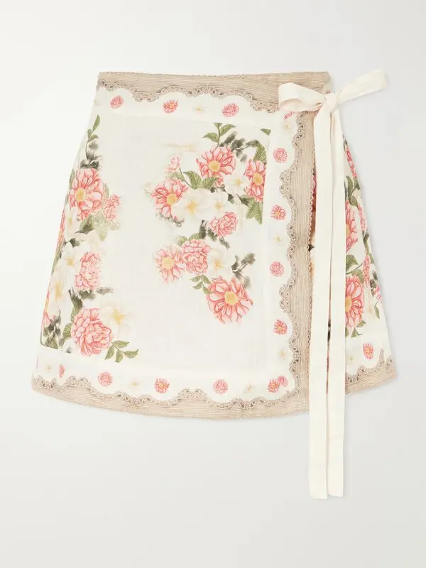 Agua Bendita Luna Paraiso Floral Linen Mini Skirt - Pink