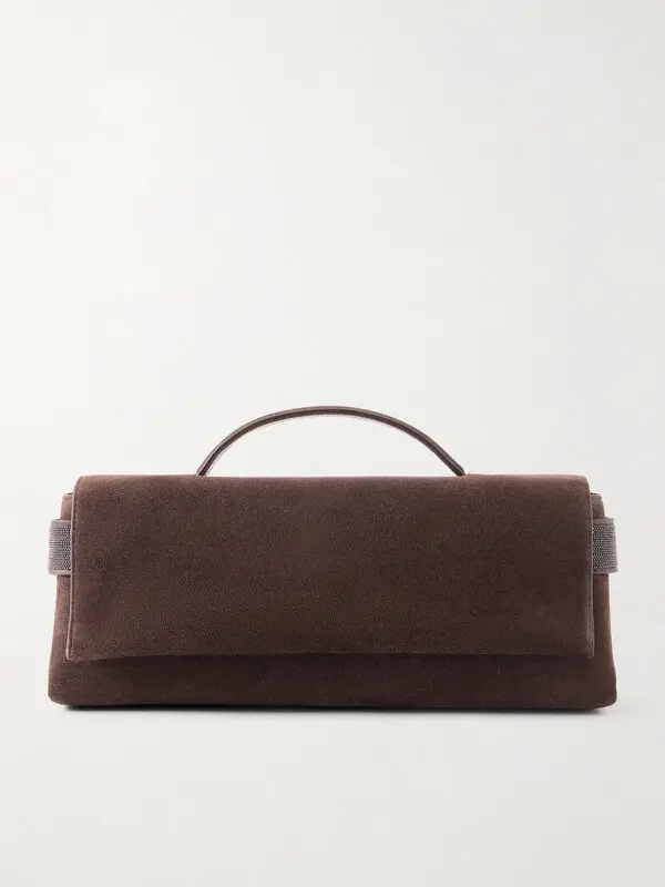 Brunello Cucinelli Bead-embellished Suede Clutch - Brown