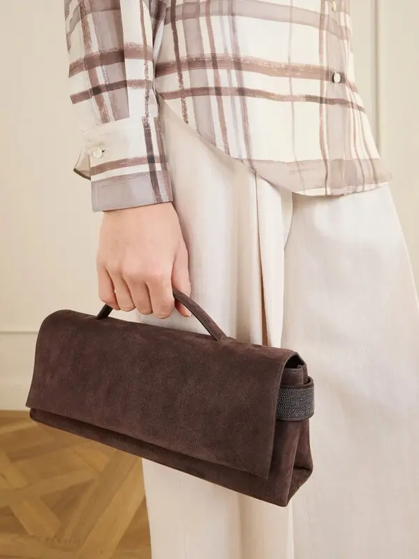 Brunello Cucinelli Bead-embellished Suede Clutch - Brown