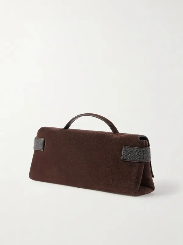Brunello Cucinelli Bead-embellished Suede Clutch - Brown