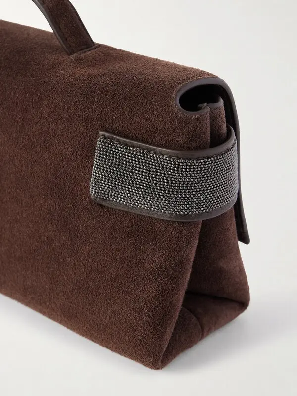 Brunello Cucinelli Bead-embellished Suede Clutch - Brown