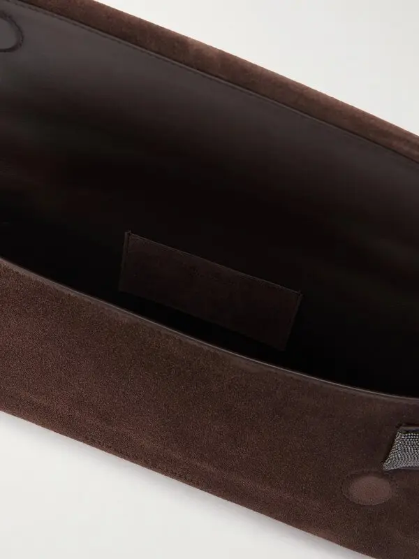 Brunello Cucinelli Bead-embellished Suede Clutch - Brown