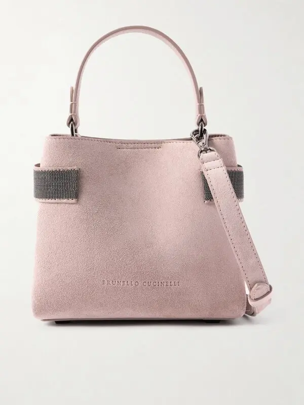 Brunello Cucinelli Bead-detailed Suede Shoulder Bag - Pink