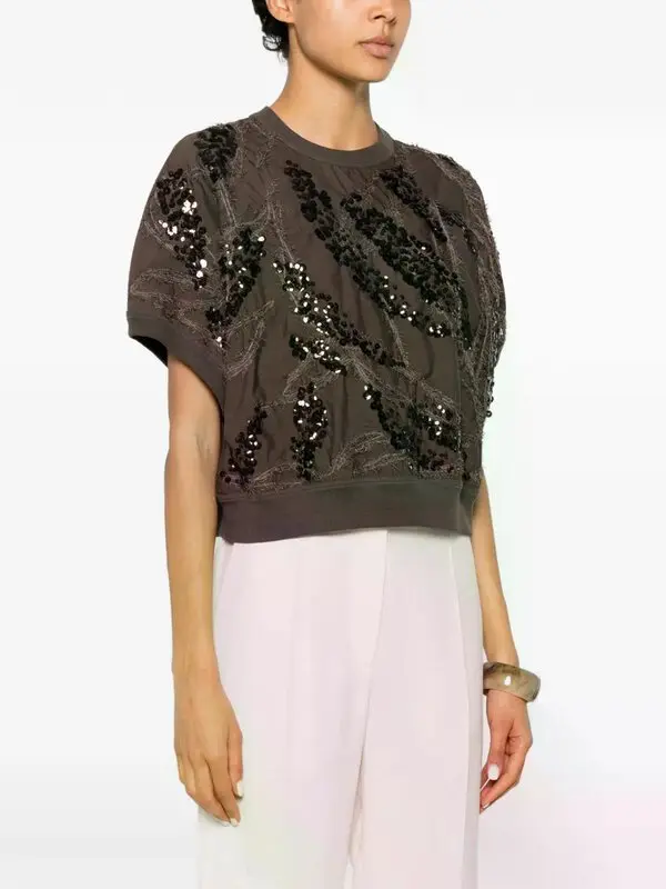 Brunello Cucinelli Sequin-embellished Embroidered Top - Brown