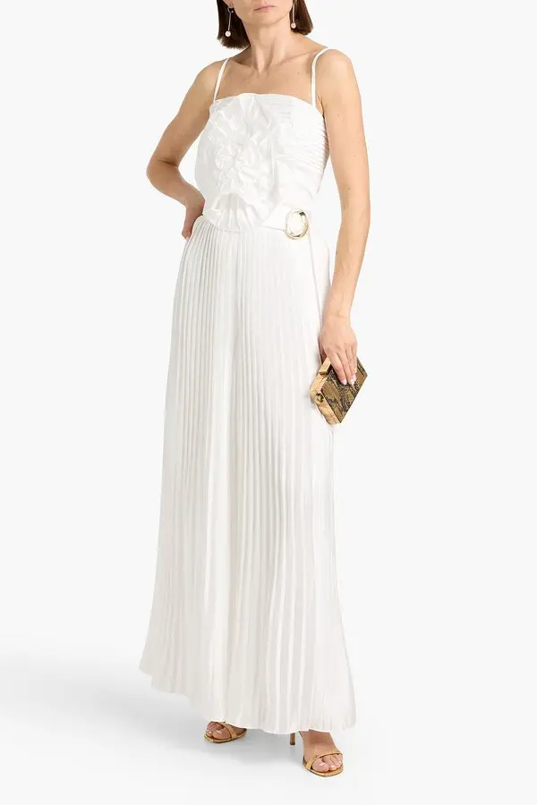 PatBO Pleated Satin Wide-leg Pants - White