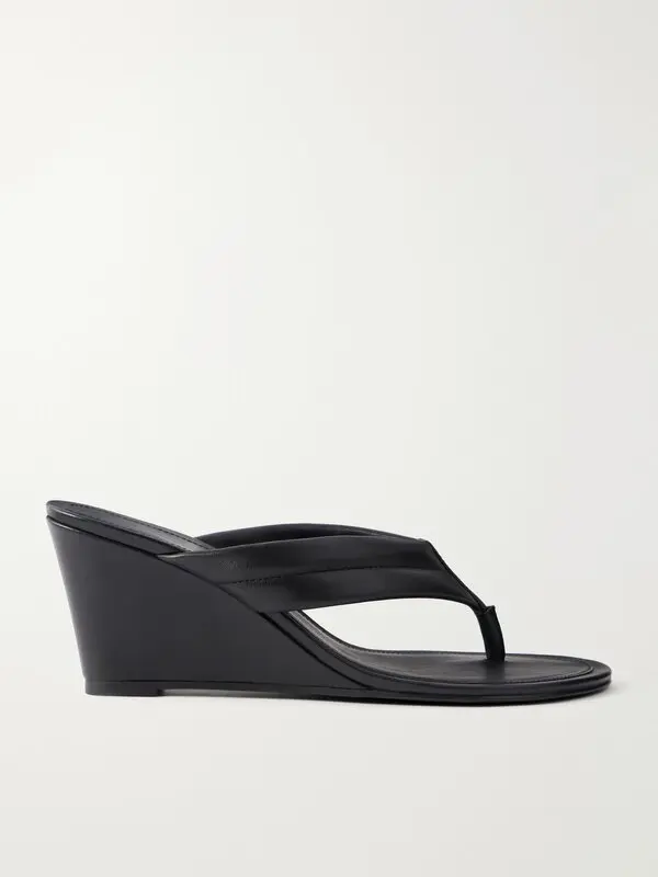 ST. AGNI Leather Wedge Thong Sandals - Black