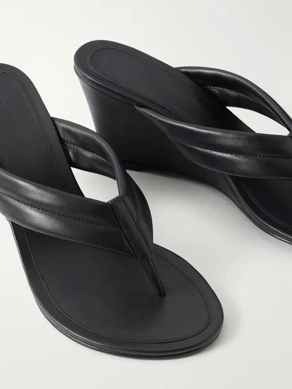 ST. AGNI Leather Wedge Thong Sandals - Black