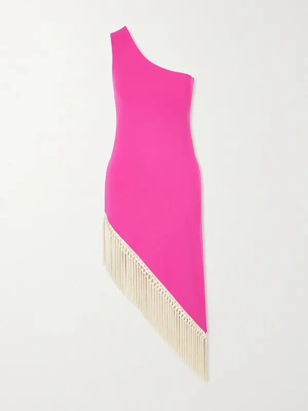 TALLER MARMO One-shoulder Asymmetrical Fringed Stretch-jersey Midi Dress - Pink