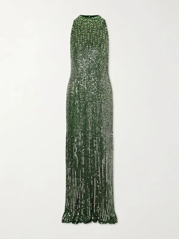 Jenny Packham Benue Sequin-embellished Mesh Halterneck Gown - Green